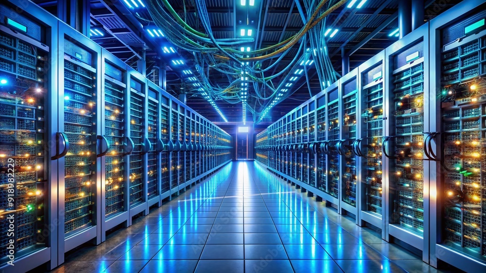 A futuristic network server room with rows of humming machines ...