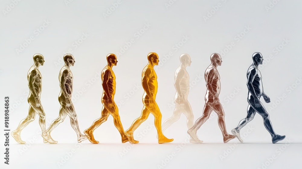 Human evolution illustrated through a sequence of walking figures ...