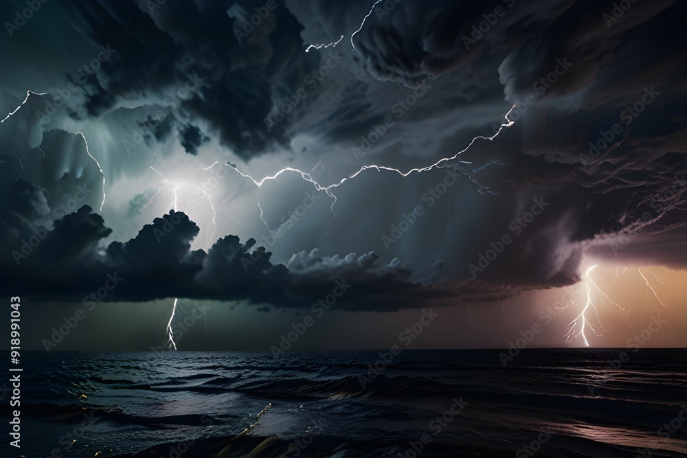 Thunderstorm, thunder and lightning. Storm at the coastline, stormy ...