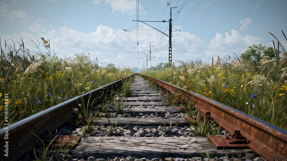 Rusted, overgrown train tracks disappear into the horizon, surrounded by lush grass and ...