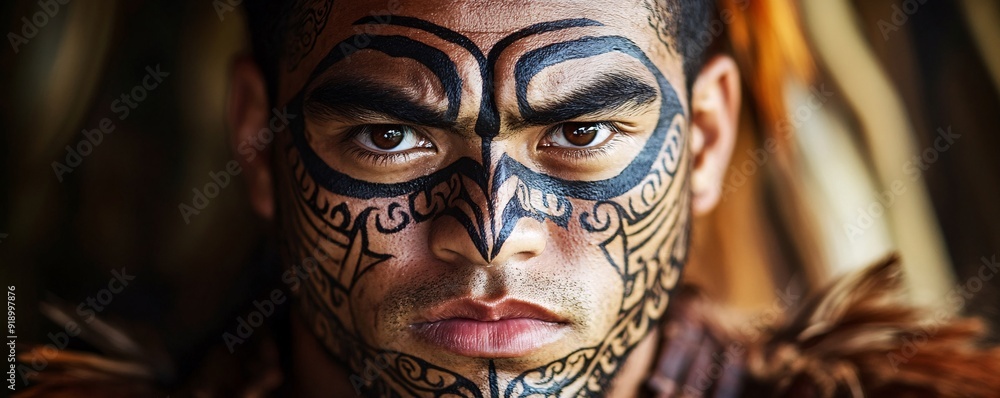 Maori warrior wearing traditional moko tattoo posing inside Stock Photo ...