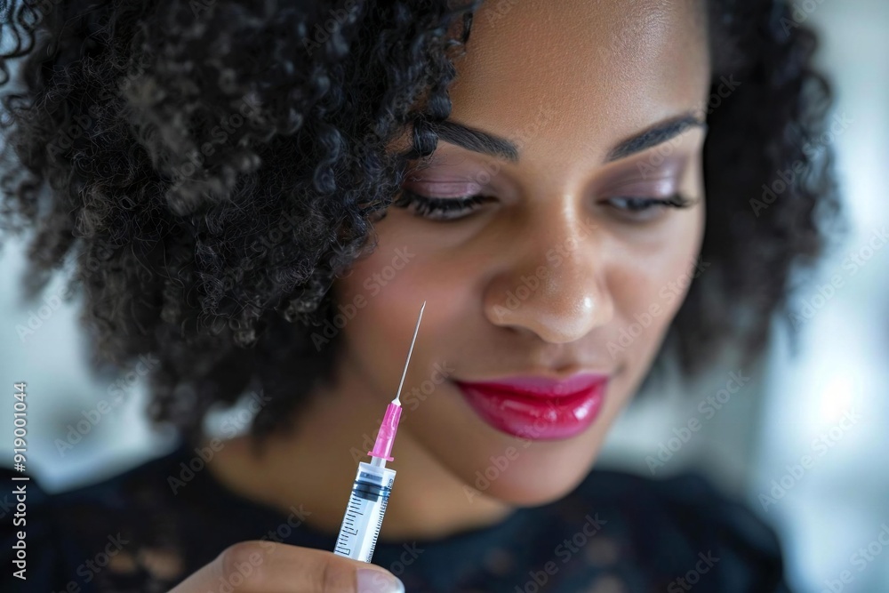 Beautiful African American woman injecting epinephrine with an auto ...