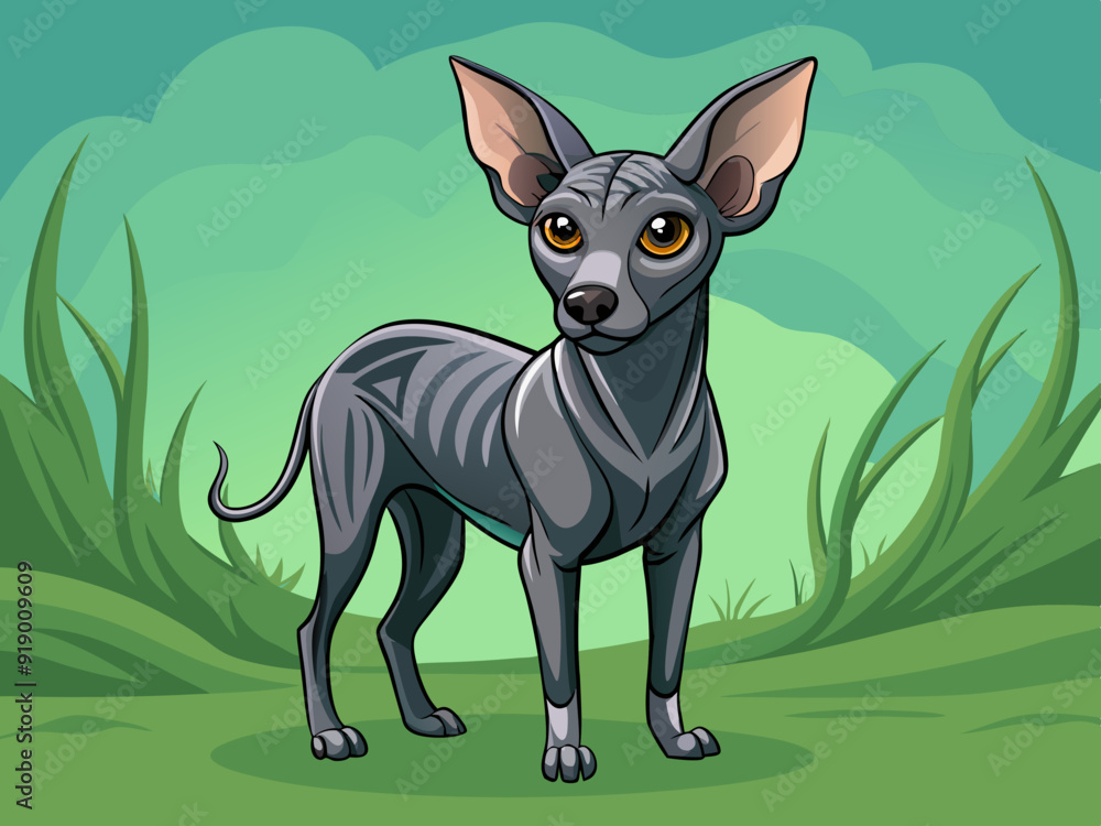 vector of Xoloitzcuintli Mexican Hairless Dog standing on a green field ...
