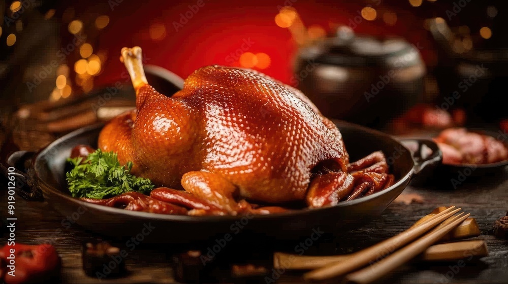 A traditional Peking duck dish on a wooden table, with Chinese utensils ...