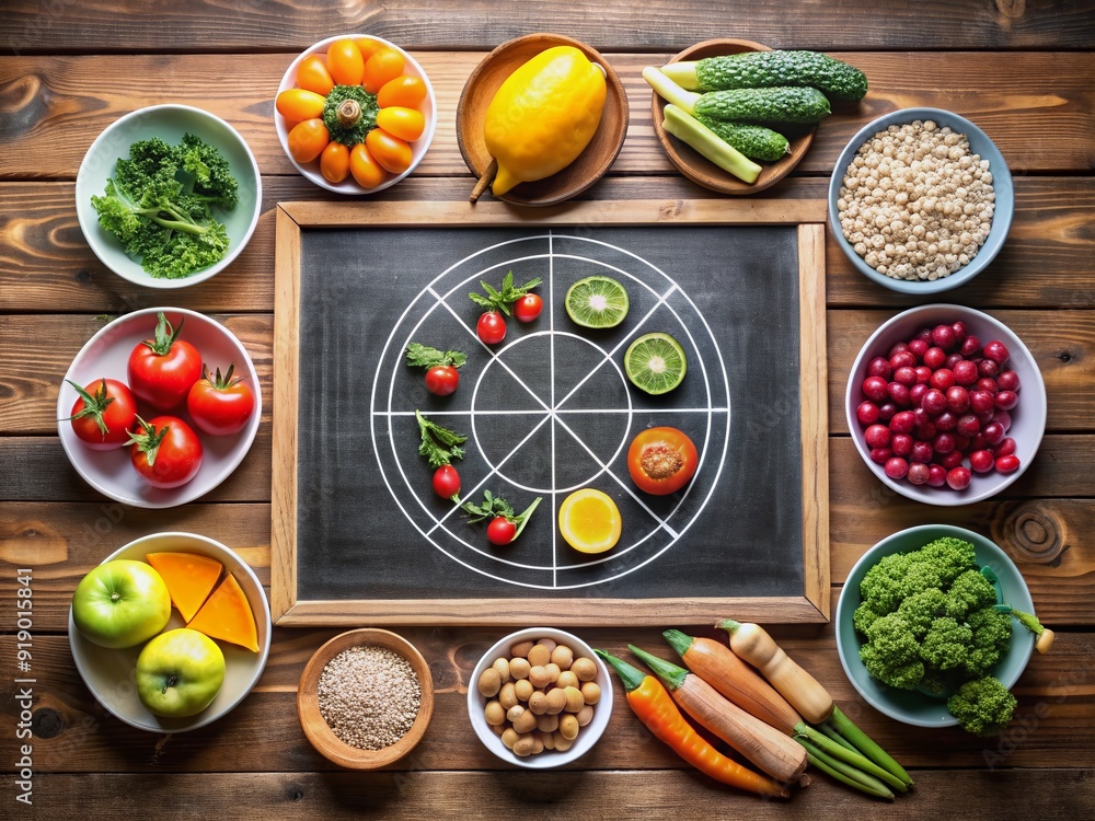 Fresh fruits and vegetables surround a chalkboard with illustrated ...