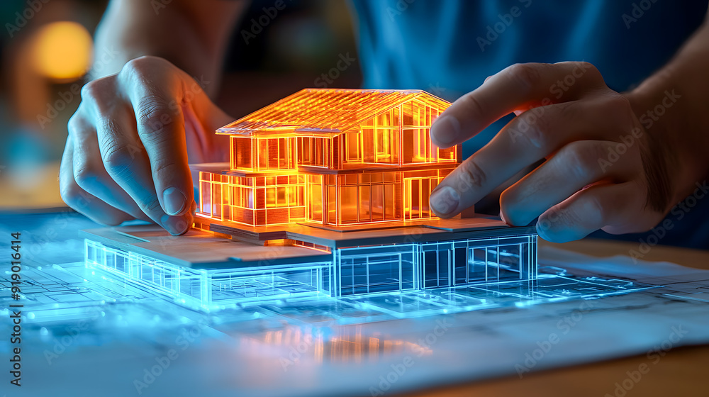 Architectural blueprint 3D model displaying modern home design with ...