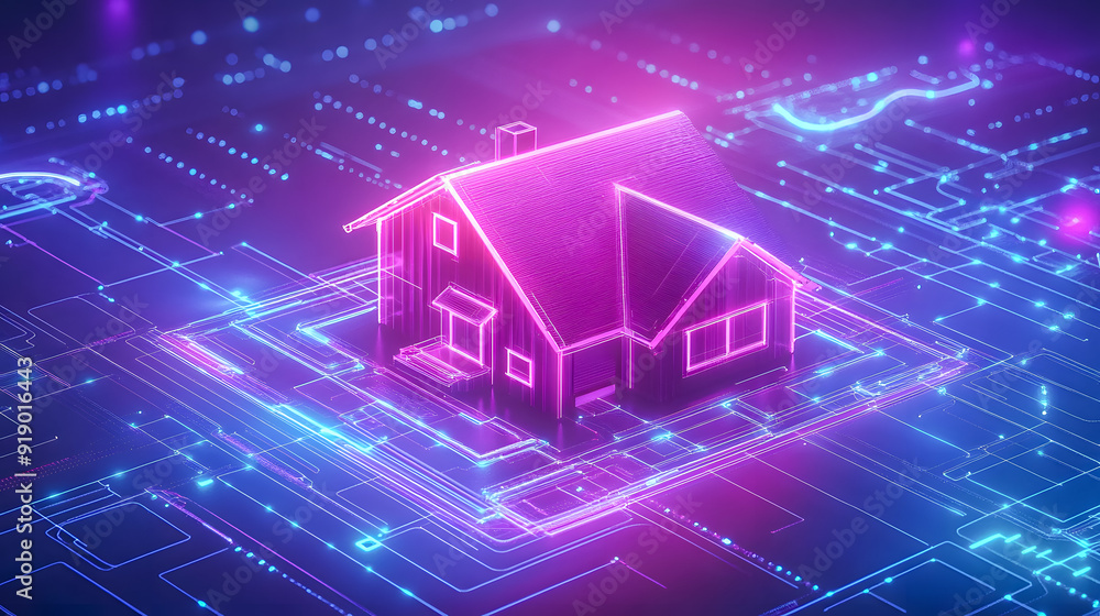 Futuristic wireframe house model with glowing neon circuits and data ...