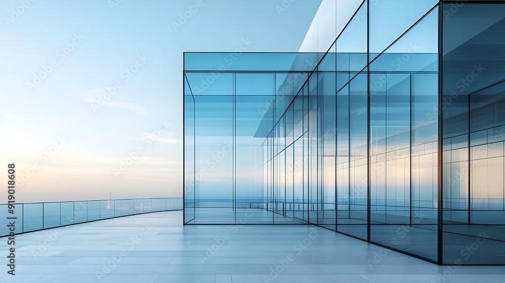 Transparent glass architecture with concrete floor in futuristic office ...