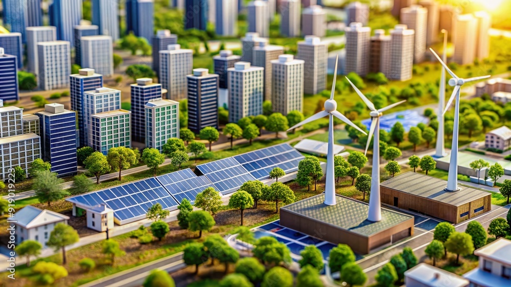 Miniature models of turbines, solar panels, and clean energy ...