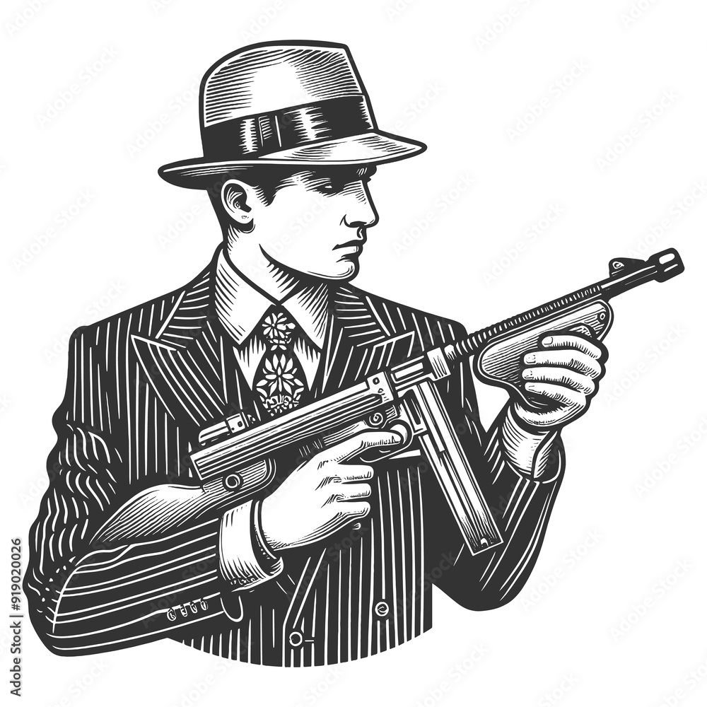 1920s gangster in pinstripe suit, wielding Tommy gun exuding classic ...