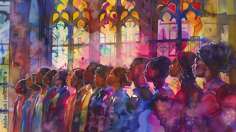 A diverse gospel choir stands together, singing in a church illuminated ...