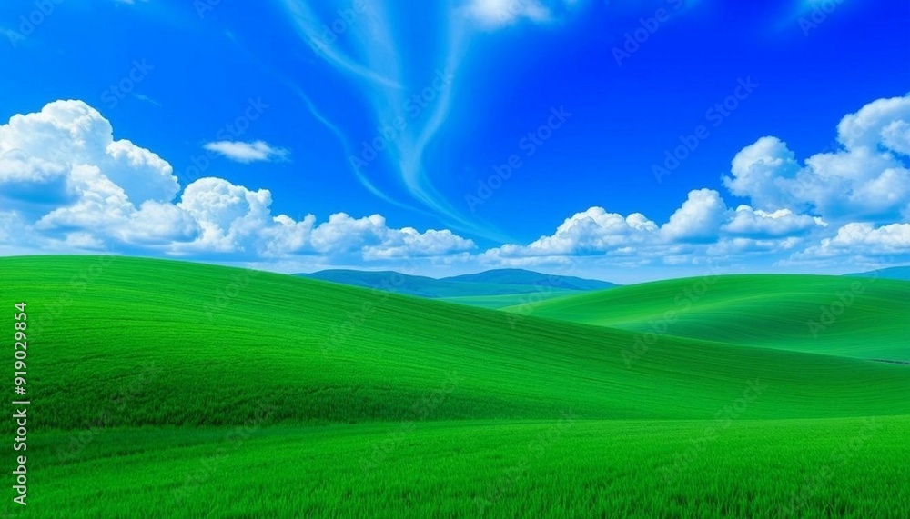 a green field with a blue sky and clouds above it, high quality desktop ...