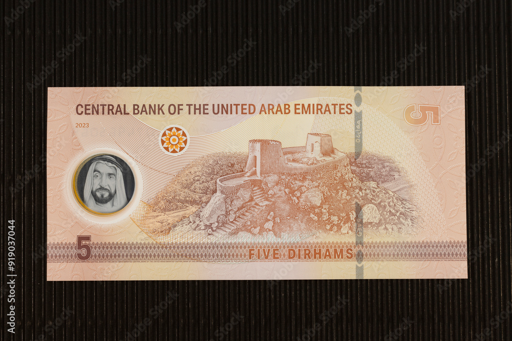 United Arab Emirates five dirhams banknote reverse features Dhayah Fort ...