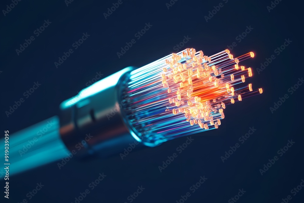 3D render close-up end of a Fiber optic cable on dark blue background ...