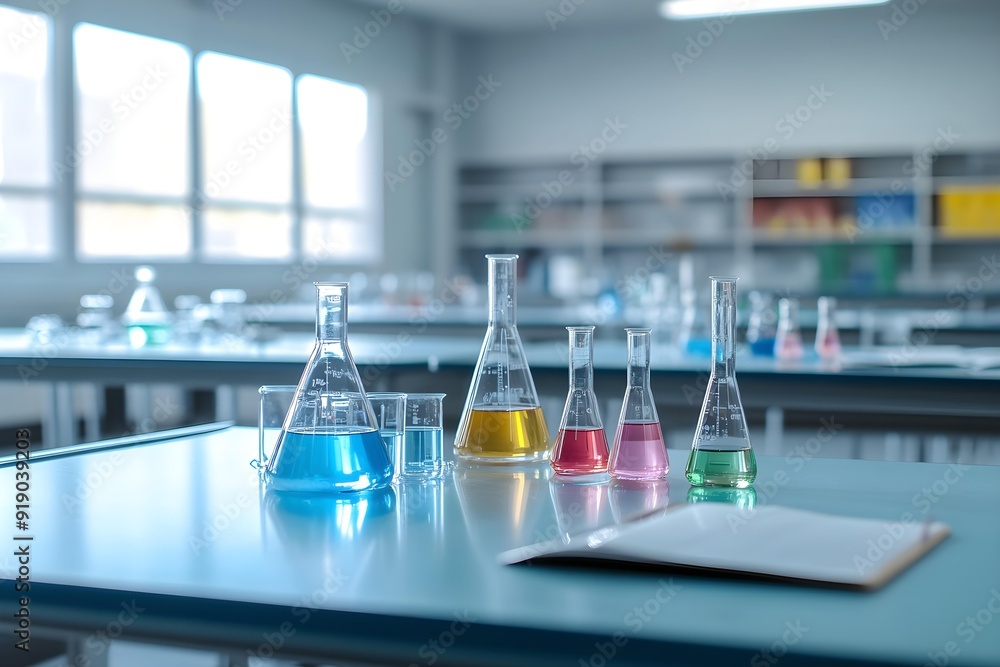 Empty science classroom with laboratory glassware on the desks ...