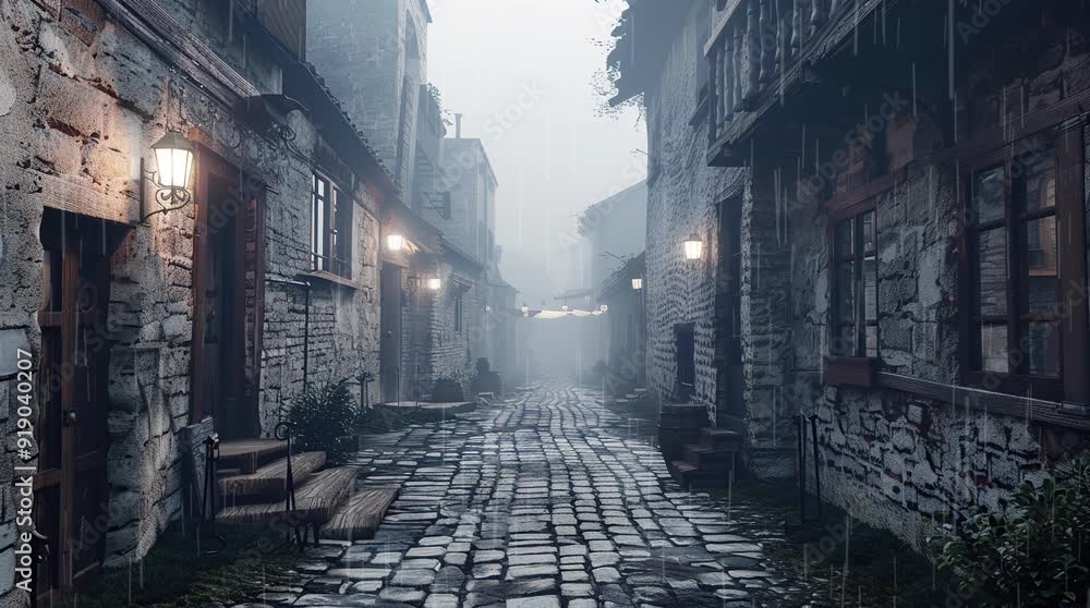 Charming pathway lined with medieval houses, featuring cobblestone ...