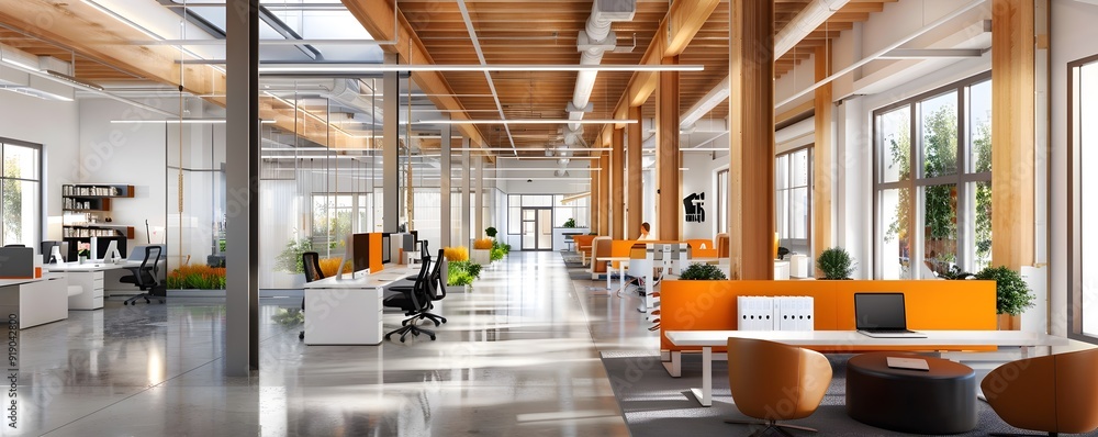 Modern Open Plan Office Interior Design with Exposed Beams and Natural ...