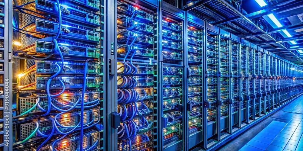 Racks of mounted servers with blinking lights, tangled cables, and rows ... Racks of mounted servers with blinking lights, tangled cables, and rows ...