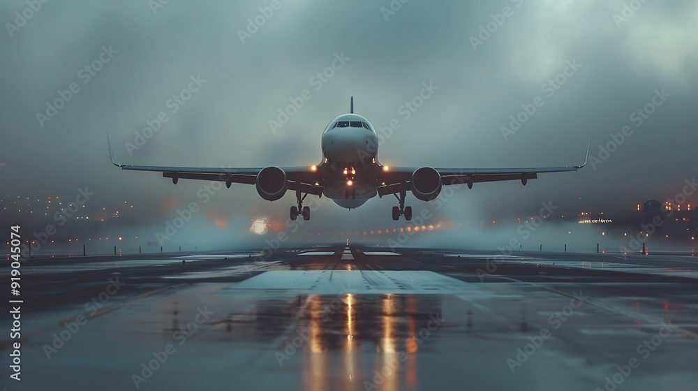 Commercial airplane taking off from a runway in the early morning, mist ...