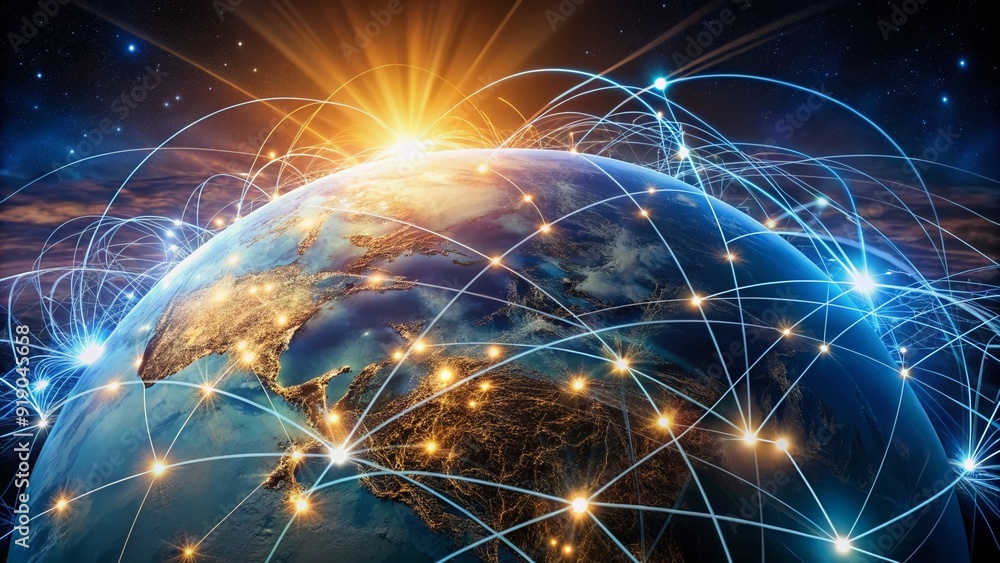 Glowing fiber optic cables connecting spheres representing continents ...