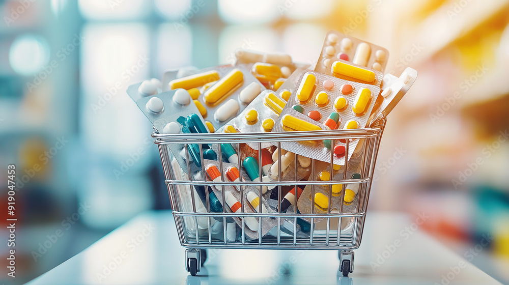 A shopping basket filled with various medication packaging. The basket ...