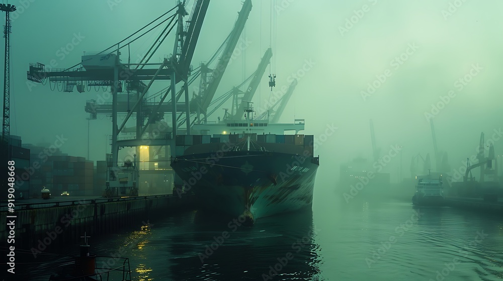 Massive container ship docked, cranes lifting containers at a busy port ...