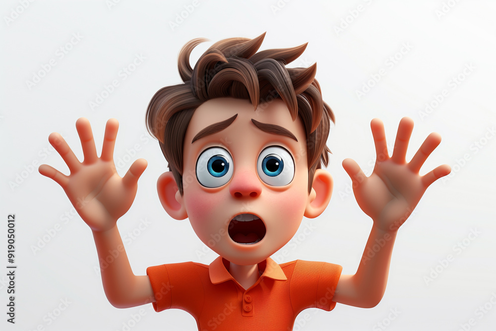 Terrified shocked scared cartoon character boy kid child with raised hands person man in 3d ...