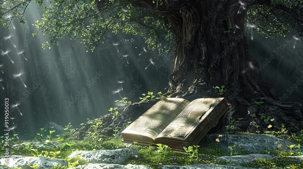 Ancient magic book resting beneath the sprawling branches of a huge ...