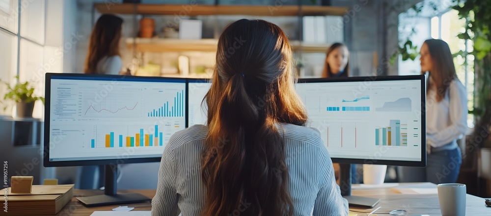 Businesswoman sitting at her desk in front of two monitors with bar ...