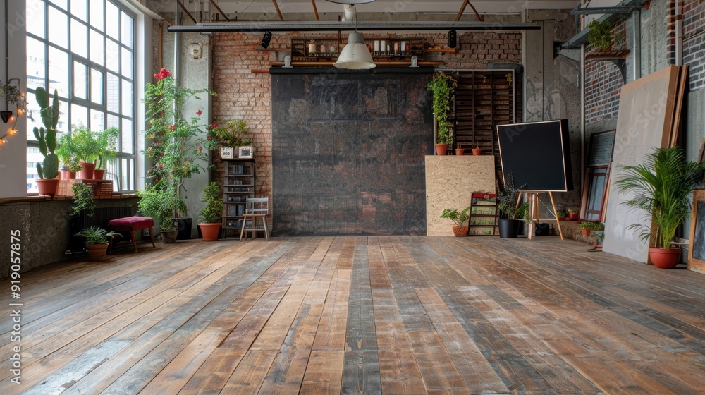Featuring a rustic exposed brick wall, wooden flooring, and lush green ...