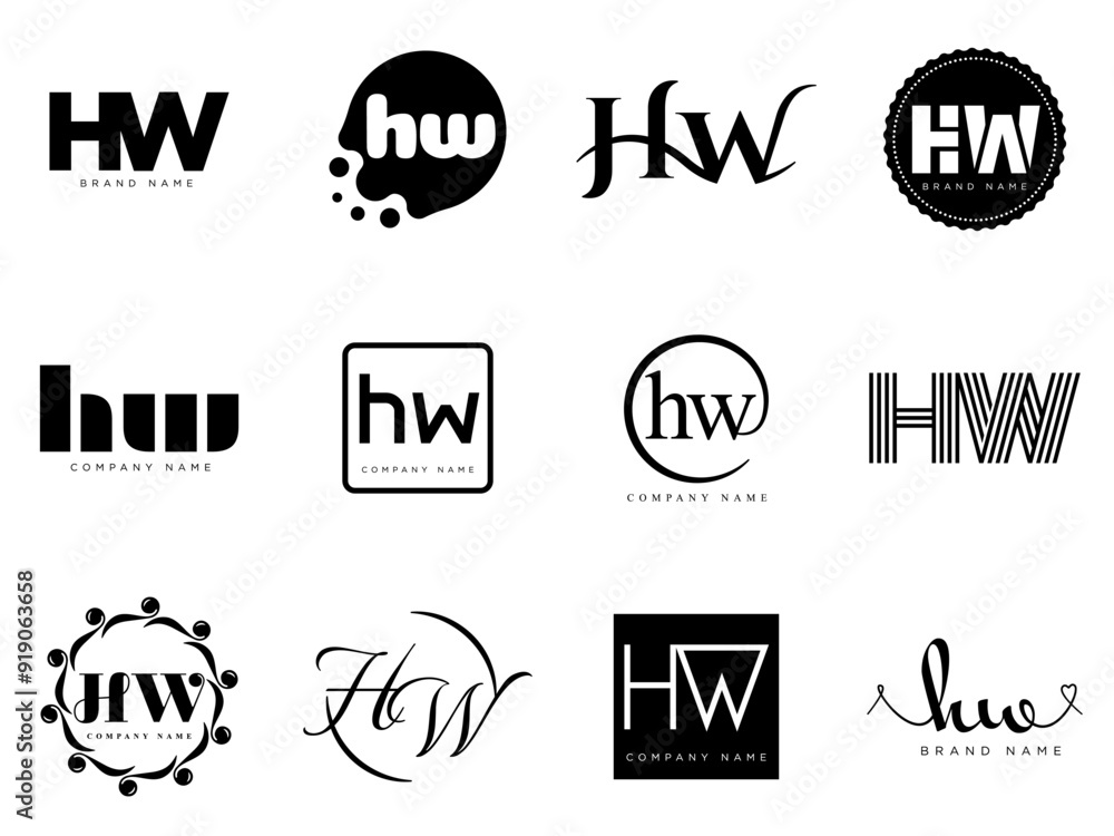HW logo company template. Letter h and w logotype. Set different ...