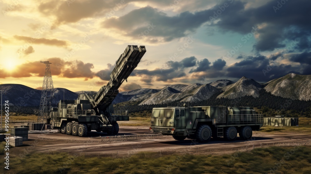 Anti air missile launch system in military base territory. Neural ...