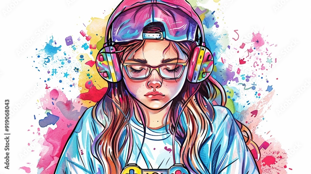 Gamer girl with a gaming-themed makeup palette,Clipart, watercolor ...