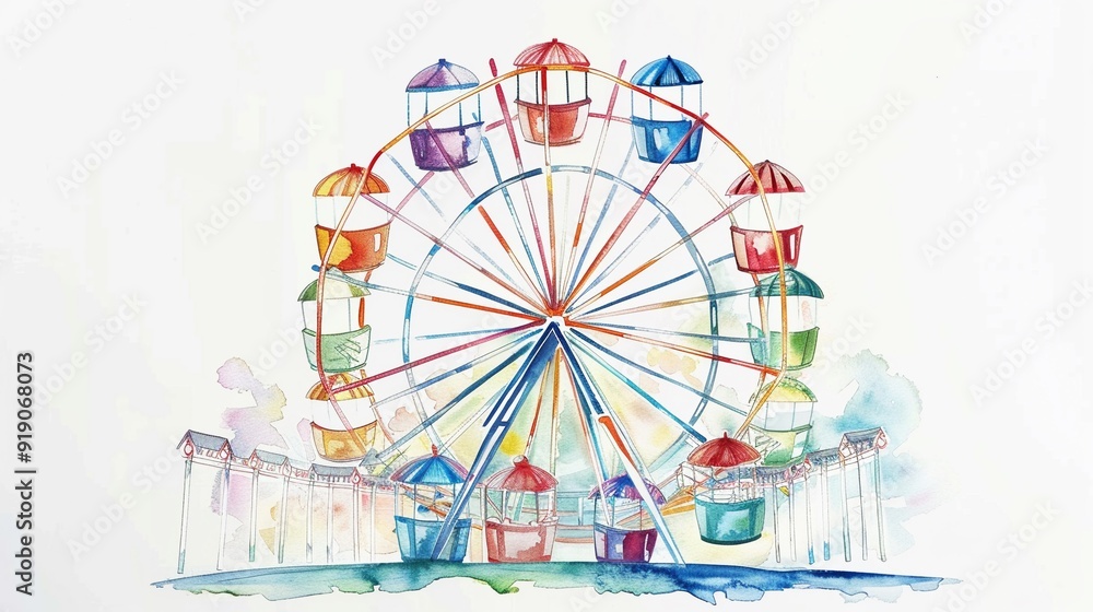 Ferris wheel with circus-themed carts,Clipart, watercolor illustration ...