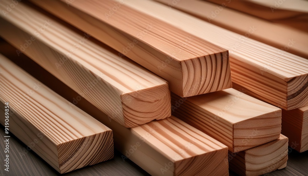 Close-up of Wooden hinoki boards, lumber, industrial wood billets ...