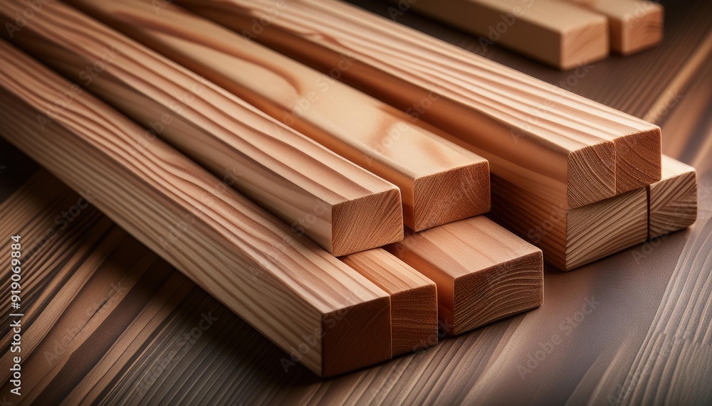 Close-up of Wooden hinoki boards, lumber, industrial wood billets ...