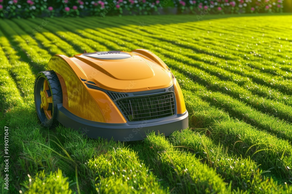 Timelapse Aerial - Top down shot of robotic lawn mower mowing the lawn ...