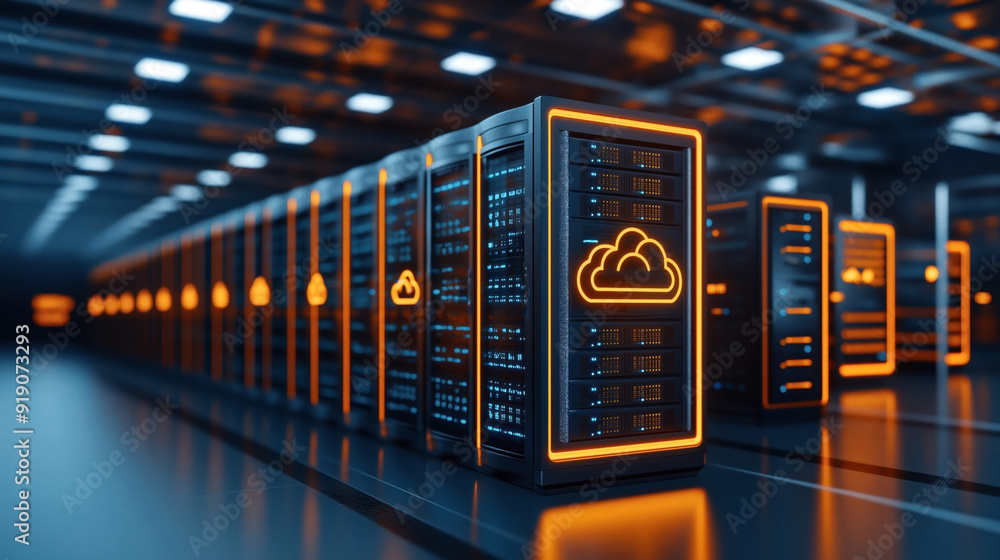 Modern data center with multiple server racks illuminated by orange and ...