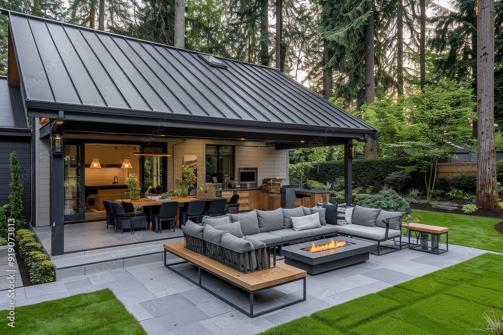 Modern farmhouse outdoor patio with light grey marble flooring, black ...