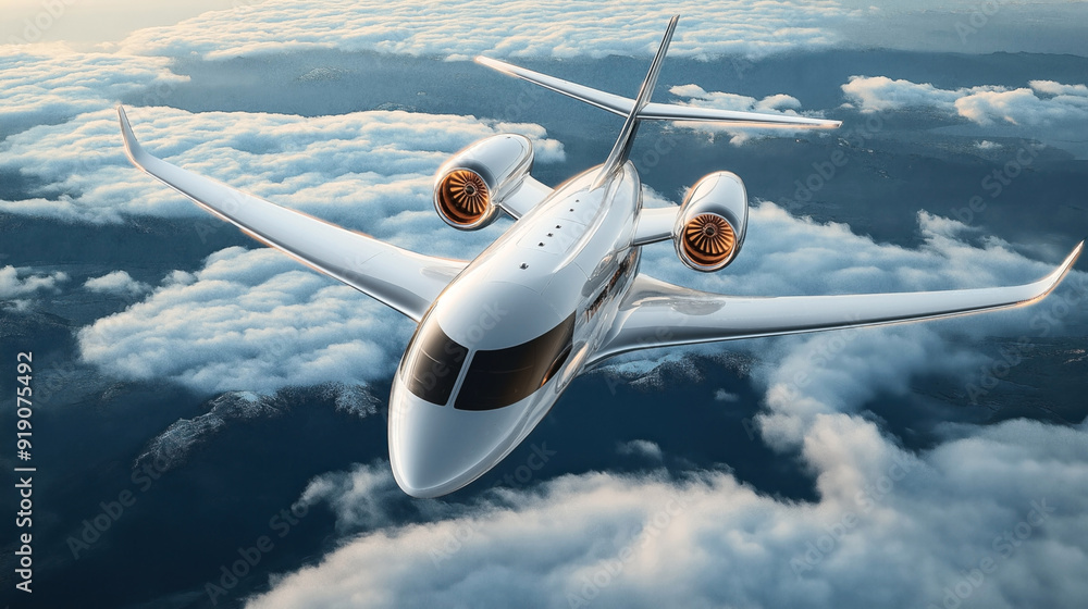 A modern twin-engine private jet flying above the clouds with a view of ...