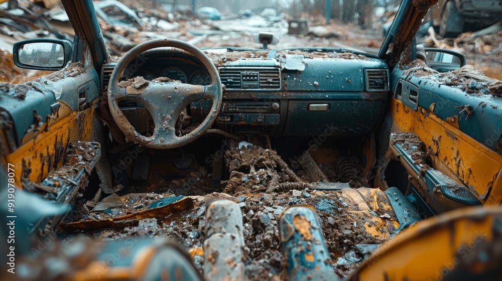 The interior of a neglected car shows extensive mud and debris from a ...