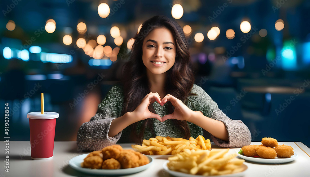 Beautiful woman making heart symbol while enjoying fast food. Hamburger ...