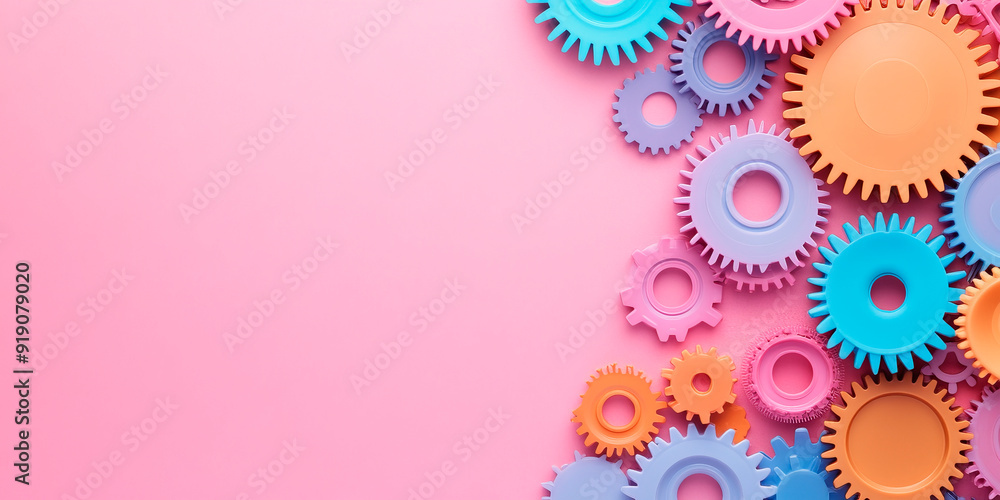 Colorful gears arranged on a gradient pink background, symbolizing ...