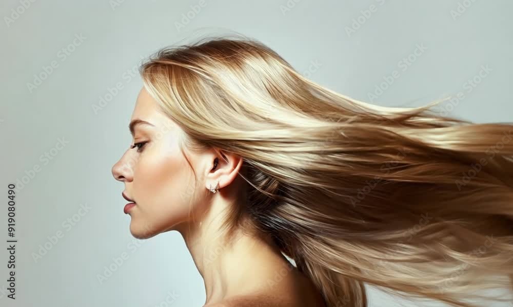 A profile shot of a woman with long, flowing blonde hair, perfectly ...