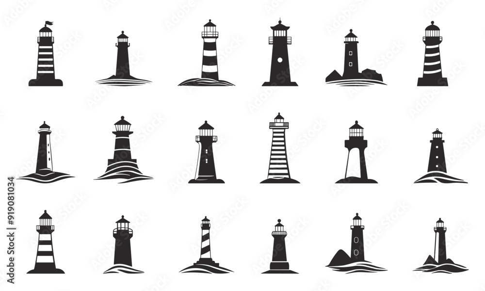 Lighthouses icons set. Nautical navigation light tower. Marine seaside ...