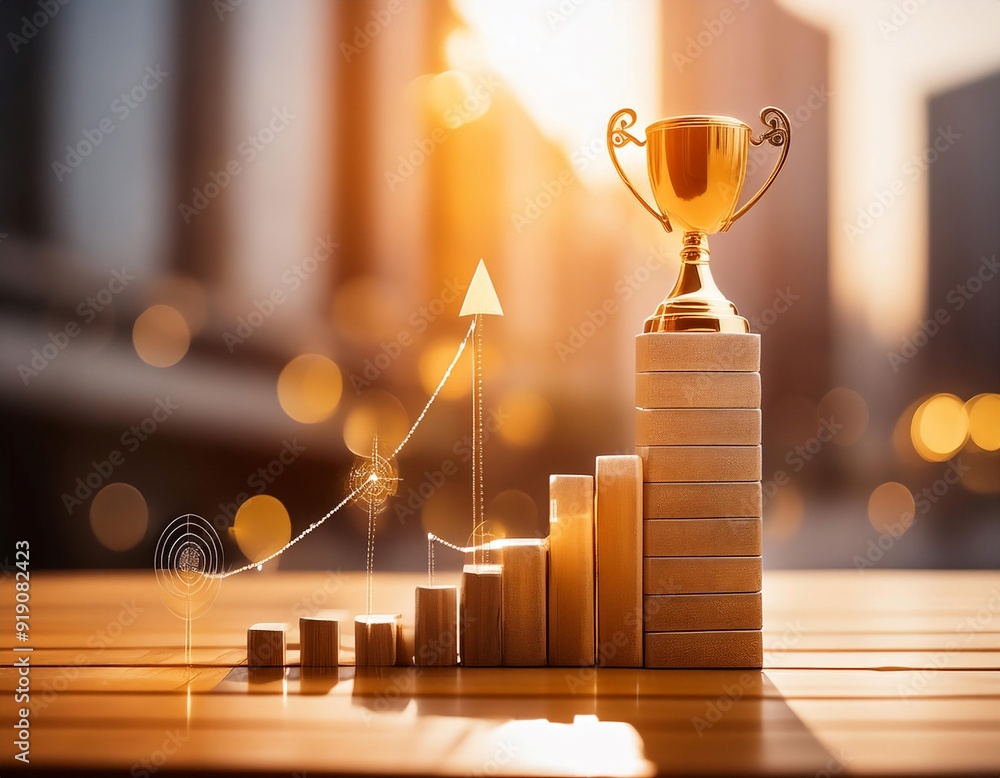 Achievement and success, featuring symbols like a rising graph, a ...