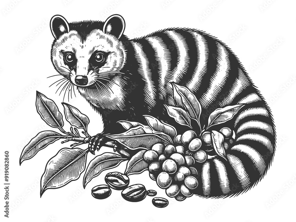 musang Asian palm civet sit on coffee tree branch with coffee cup Kopi ...