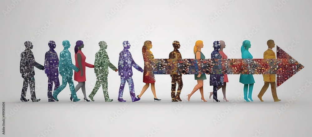 Diverse group of people walking together, forming an arrow pointing to ...