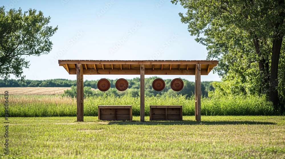 Clay pigeon trap shooting setup, including clay targets, representing ...