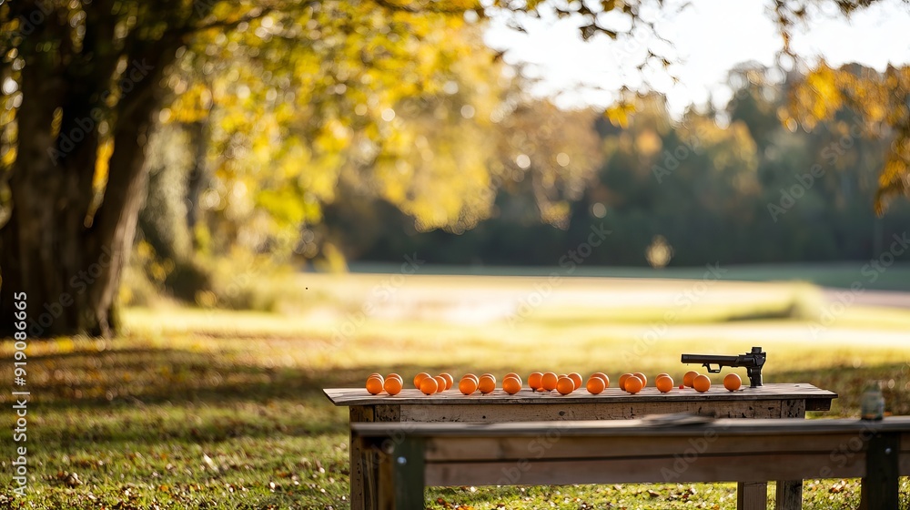 Clay pigeon trap shooting setup, including clay targets, representing ...